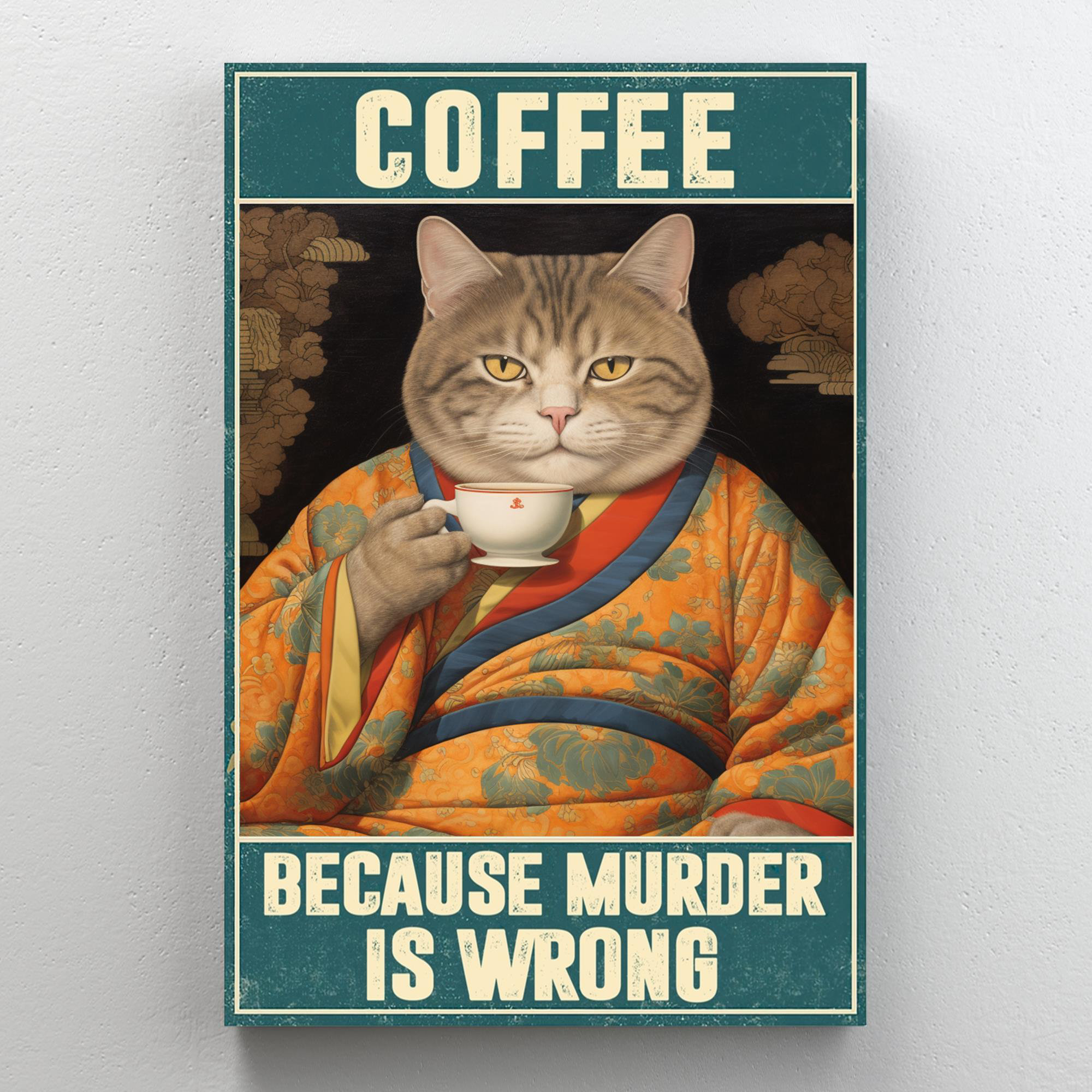 Trinx Fat Cat Coffee - 1 Piece Rectangle Graphic Art Print On Wrapped Canvas | Wayfair